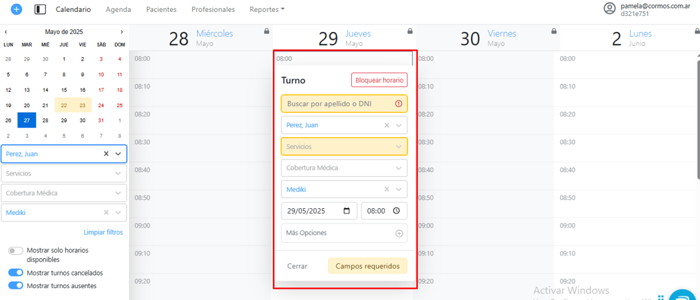 Crear un nuevo turno